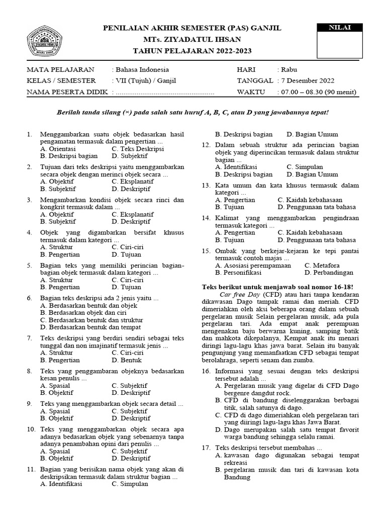 Soal Pas B.indonesia Kelas 7 | PDF