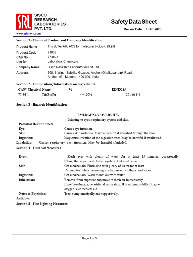 SRL SDS 77 86 1 71033 Tris Buffer AR ACS For Molecular Biology 99 9 | PDF | Occupational Safety ...