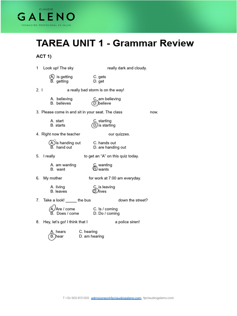 TAREA UNIT 1 - Grammar Review | PDF