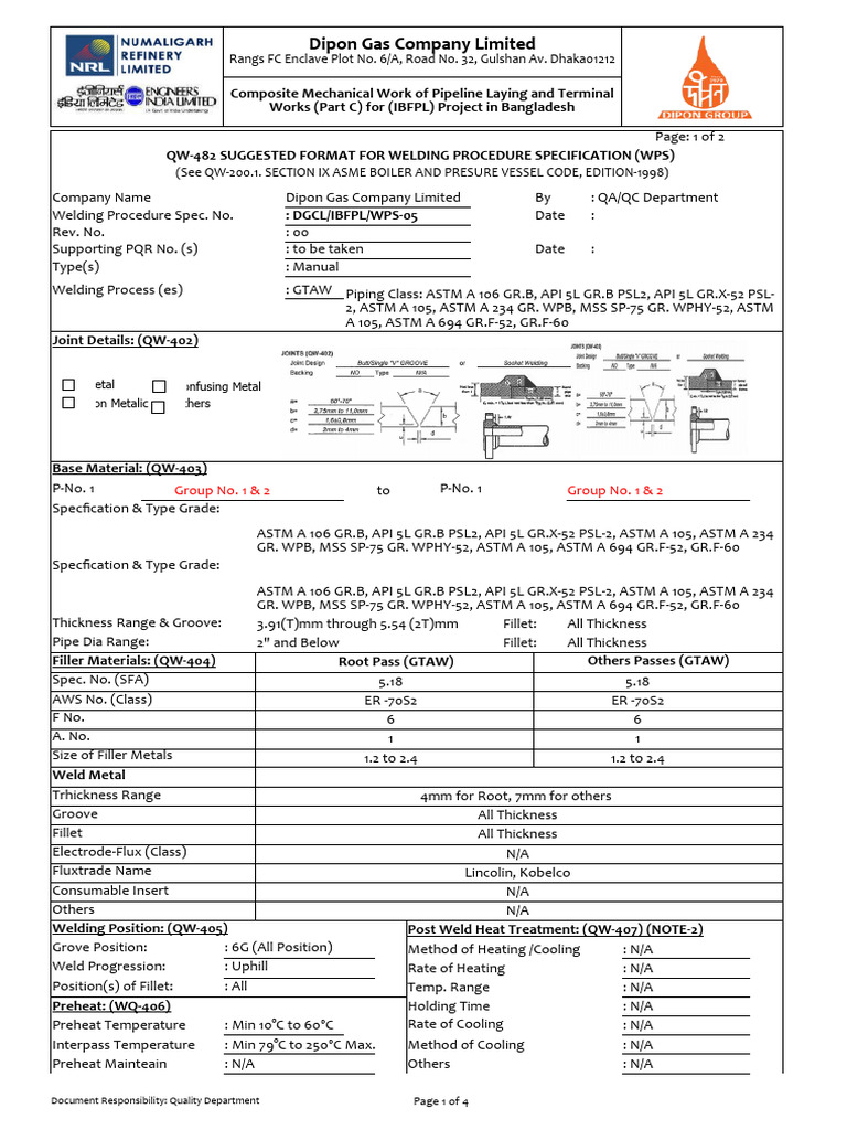 DGCL-IBFPL-WPS-05 Station Piping (2 Inch & Below) | PDF | Welding | Construction