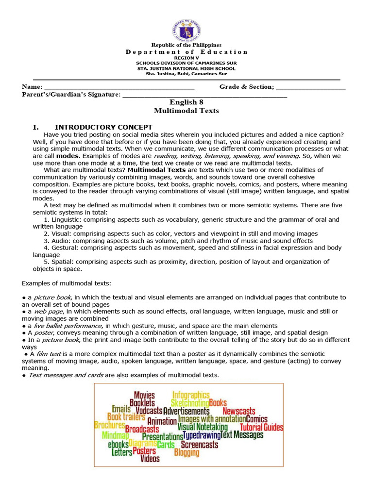 Multimodal Text Worksheet | Download Free PDF | Human Communication ...