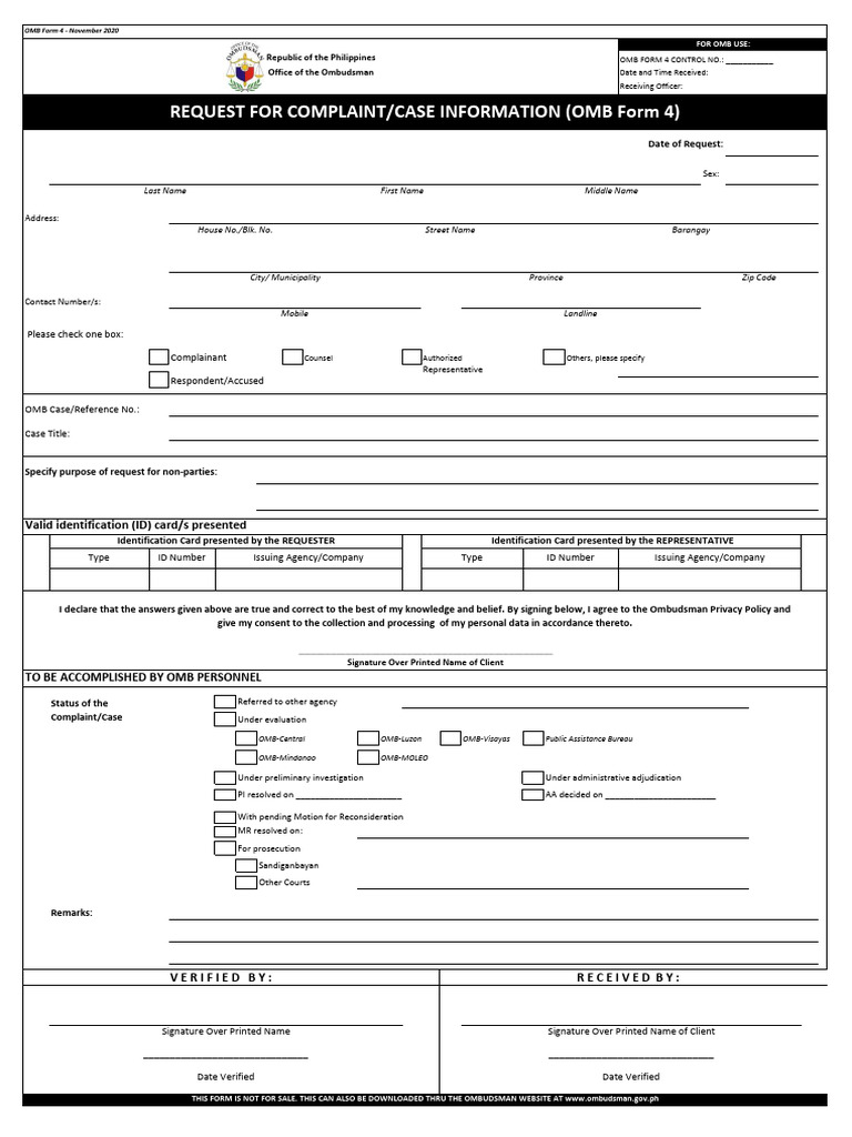 OMB Form 4 - Request For Complaint-Case Information Form Revised | PDF ...