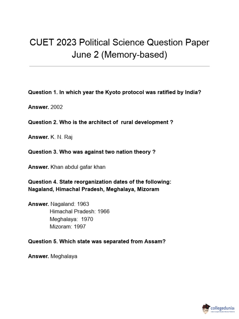 CUET 2023 Political Science Question Paper June 2 | PDF | Politics ...