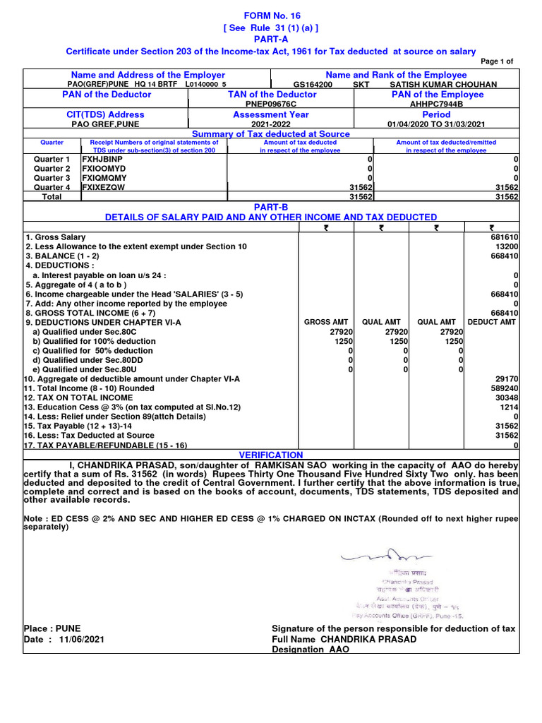Form16 W0000000 GS164200X 2021 20211 | PDF | Taxes | Wealth
