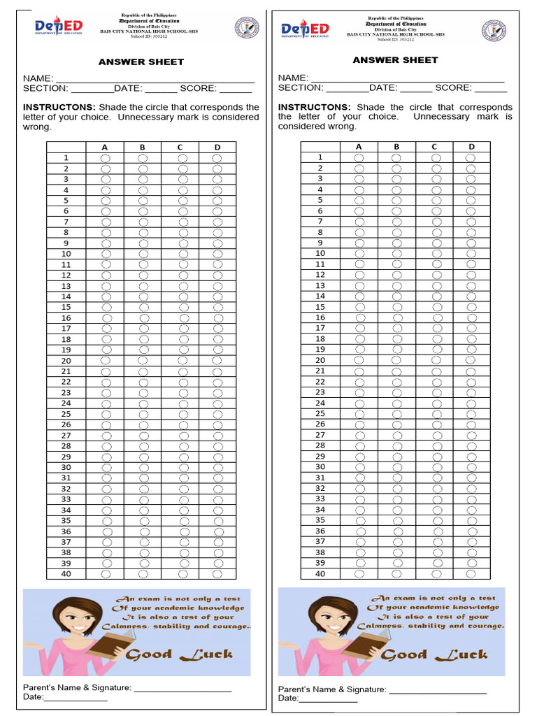 Grade 7 Multiple Choice Answer Sheet | PDF