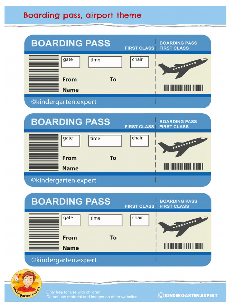 Boarding Pass, Airport Theme, Free Printable, Kindergarten Expert 6 | PDF
