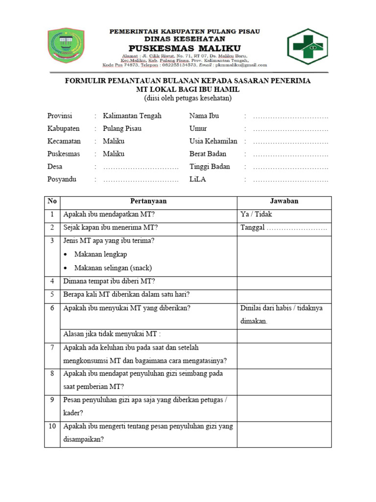 Formulir Pemantauan Petugas PMT Bumil | PDF