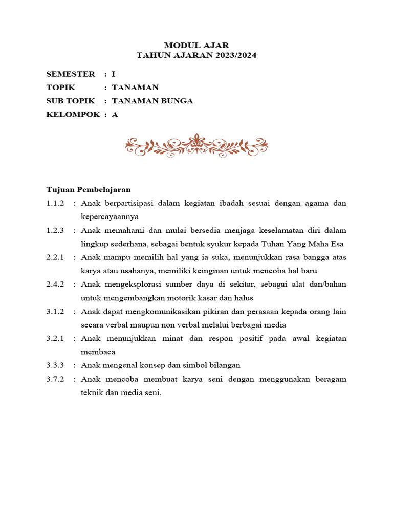 MODUL AJAR Tanaman Bunga Kel A 2023-2024 | PDF
