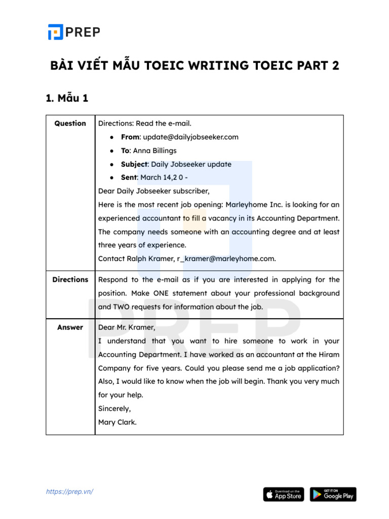 (Prep sưu tầm) Bài mẫu TOEIC Writing Part 2 | PDF
