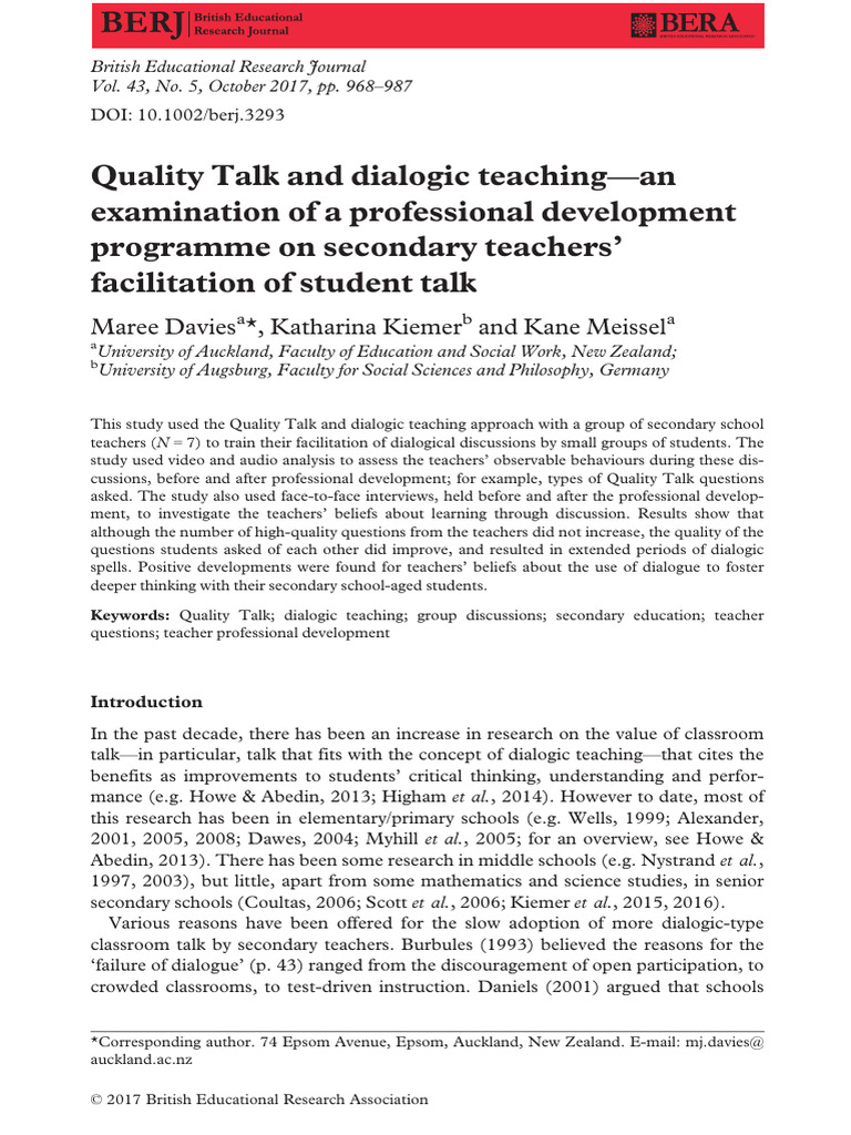 Davies Kiemer Meissel 2017 Quality Talk Dialogic Teaching | PDF ...