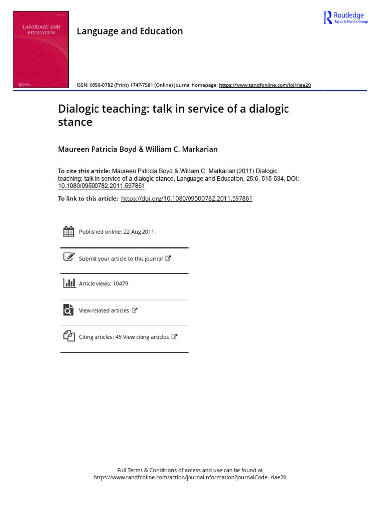 Boyd Markarian 2011 Dialogic Teaching Talk in Service of A Dialogic Stance | PDF | Teachers ...