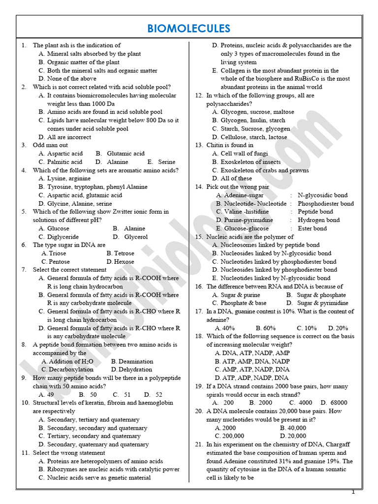 9 Biomolecules-Entrance Questions | PDF | Enzyme | Dna
