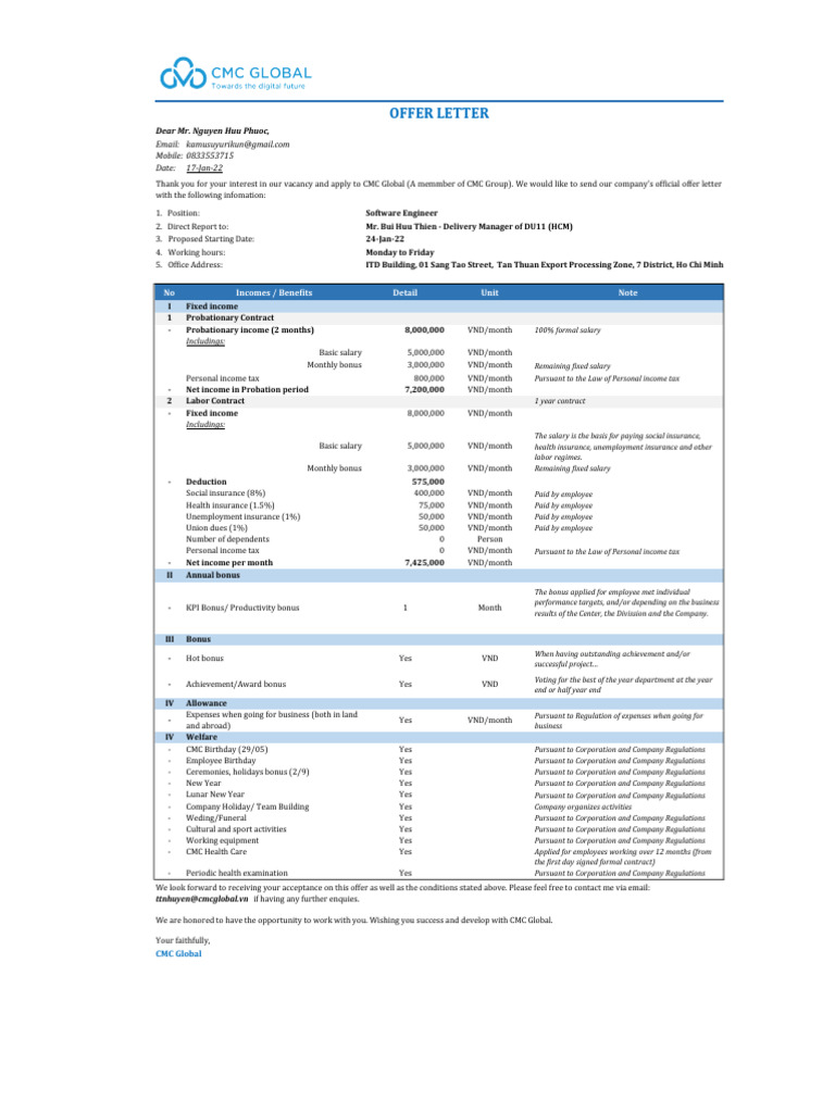 CMC Global Software Engineer Offer | PDF | Employment | Salary