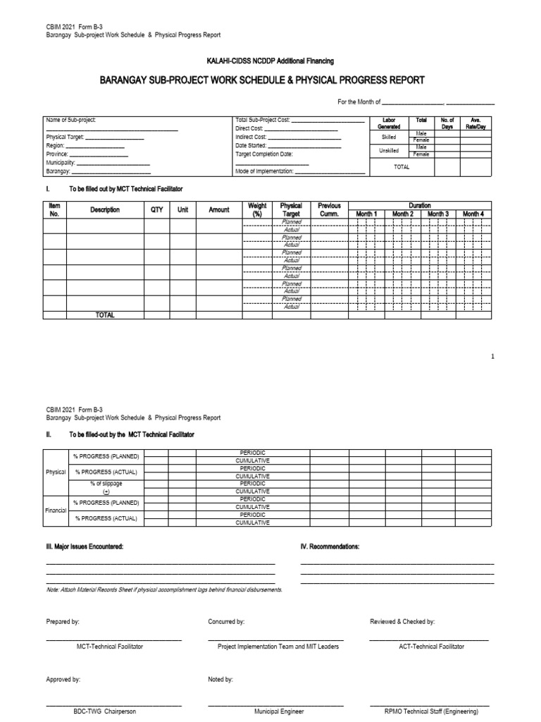 CBIM 2021 Form B-3 - Barangay Sub-Project Work Schedule and Physical Progress Report | PDF ...