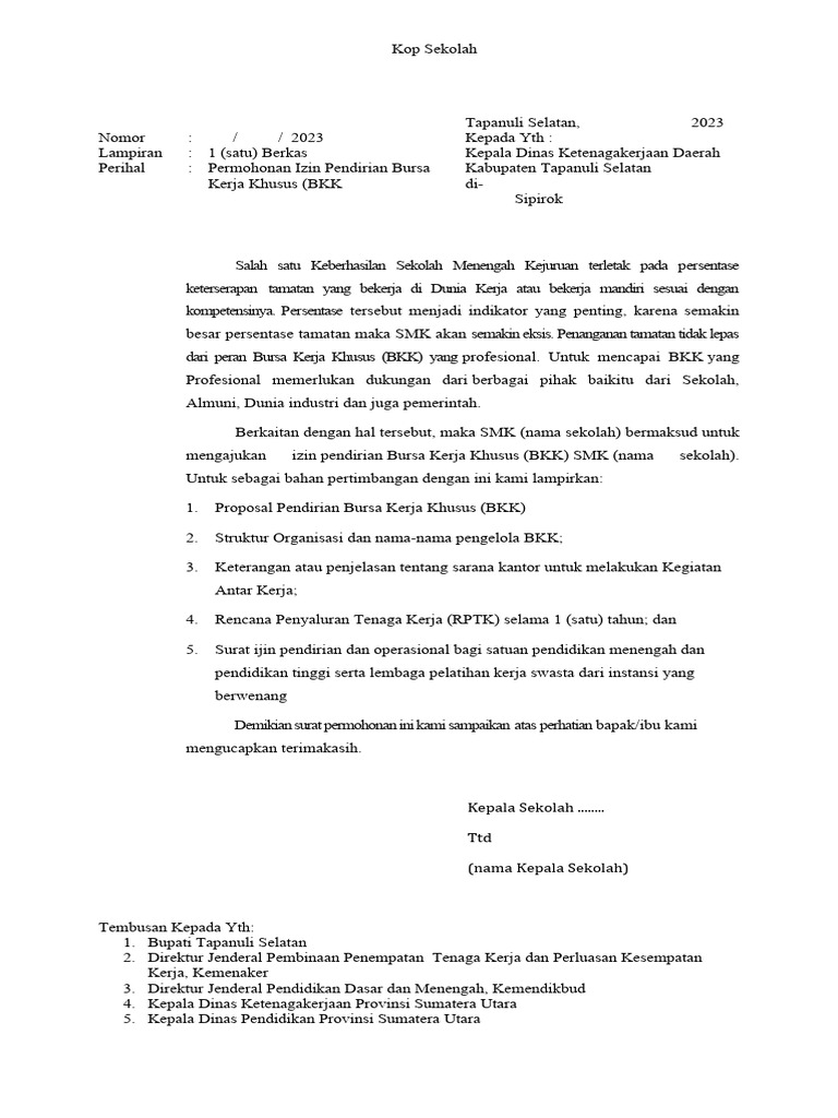 Permohonan Izin Pendirian BKK SMK | PDF