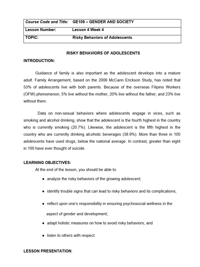 Lesson 4 Week 4 - Risky Behaviors of Adolescents | PDF | Psychology ...