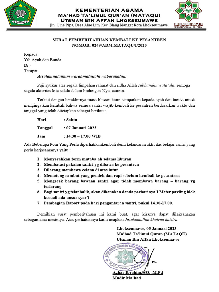 0249 SURAT PEMBERITAHUAN KEMBALI KE PESANTREN (AutoRecovered) | PDF | Agama & Spiritualitas