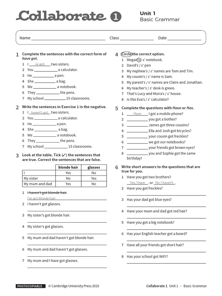 COL - TRB 1 - Basic - Grammar Unit 1 | PDF