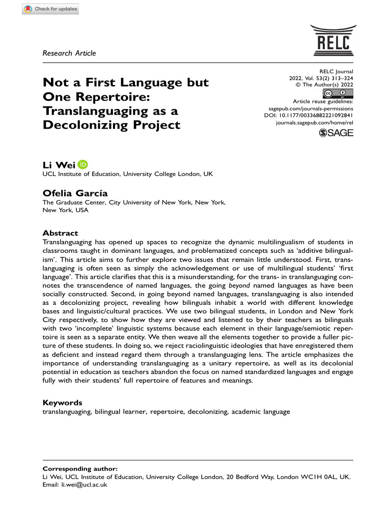 Not A First Language But One Repertoire Translanguaging As A ...