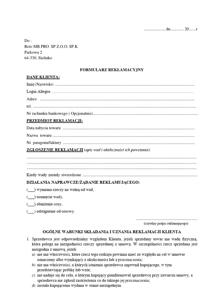 Formularz Reklamacyjny - Reto | PDF
