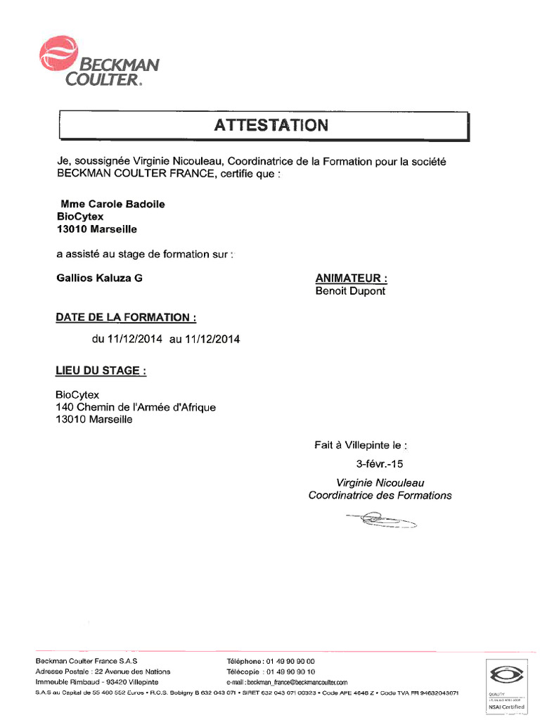Attestations Biocytex Formation Kaluza G Navios | PDF