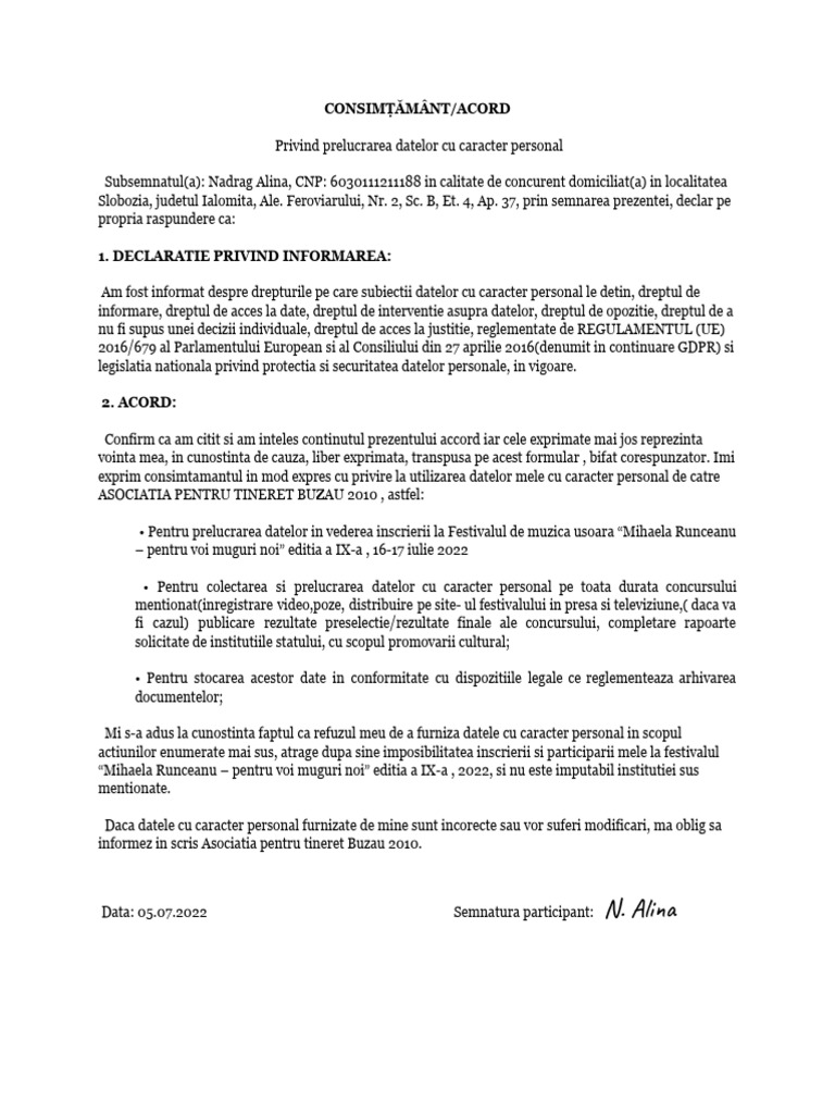 Acord Prelucrare Date | PDF