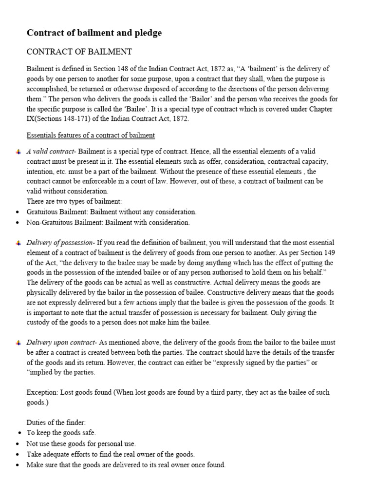 Bailment and Pledge Contracts Guide | PDF | Negligence | Debt