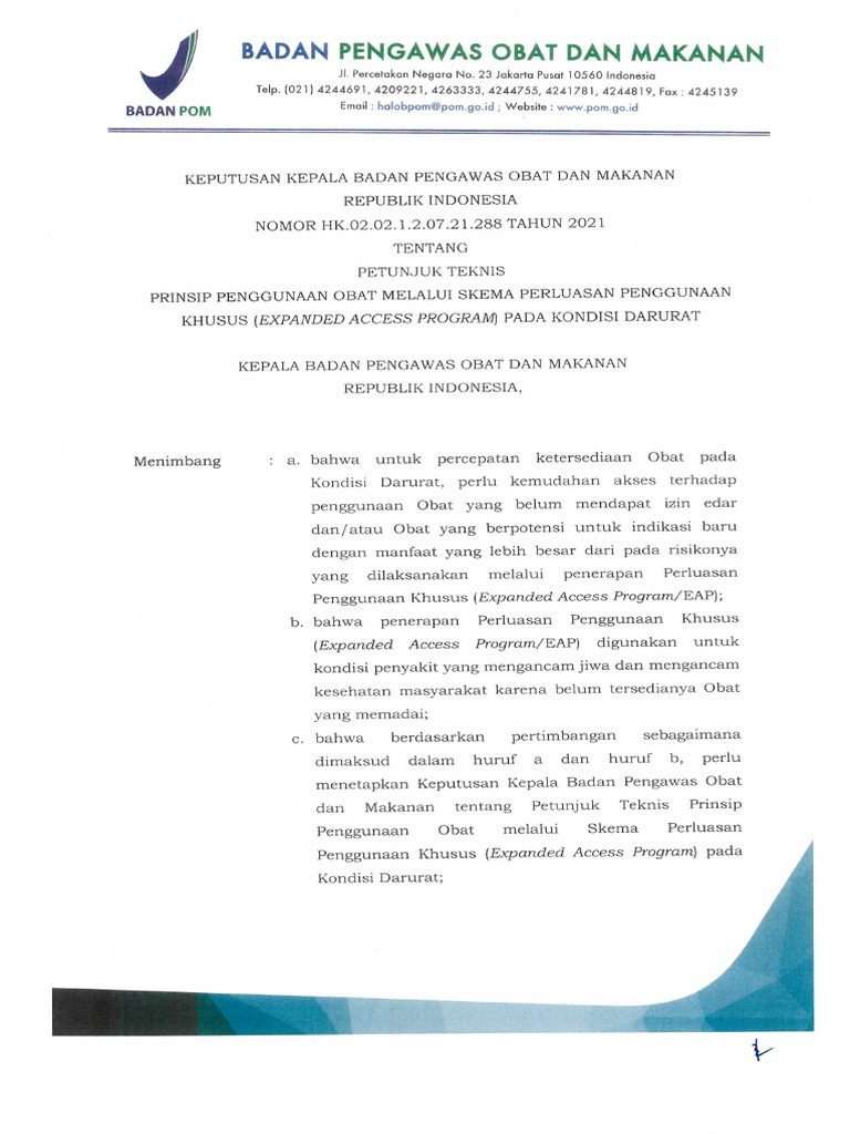 Kepka No 288 Tahun 2021 Expanded Access Program | PDF