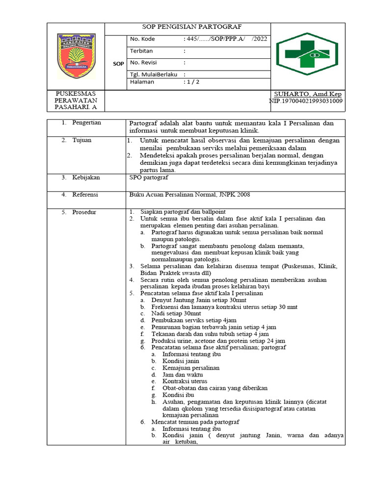 SOP Pengisian Partograf Persalinan | PDF | Pengembangan Diri ...
