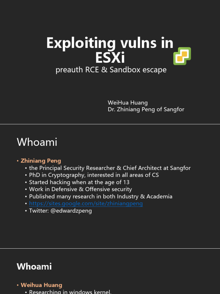 Exploiting Vulnerbilities in ESXi - Preauth RCE and Sandbox Escape ... Exploiting Vulnerbilities in ESXi - Preauth RCE and Sandbox Escape ...