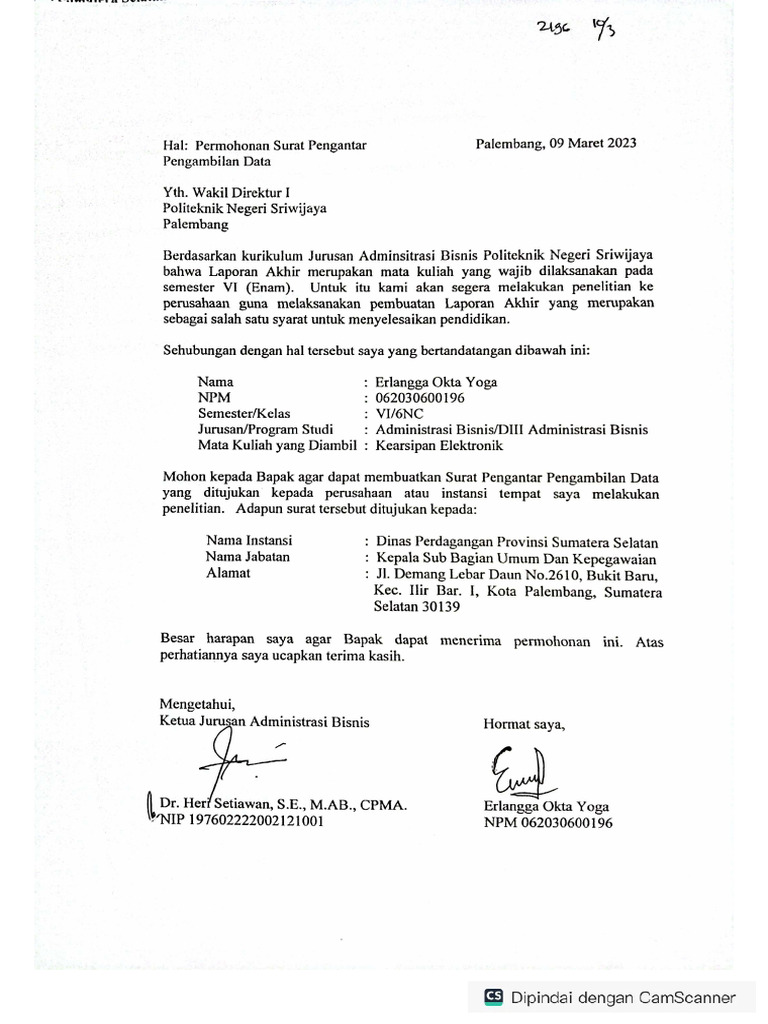 Surat Permohonan Pengantar Pengambilan Data | PDF