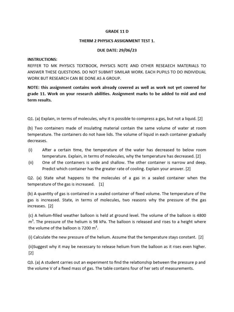 GRADE 11 D Assignment | Download Free PDF | Gases | Heat