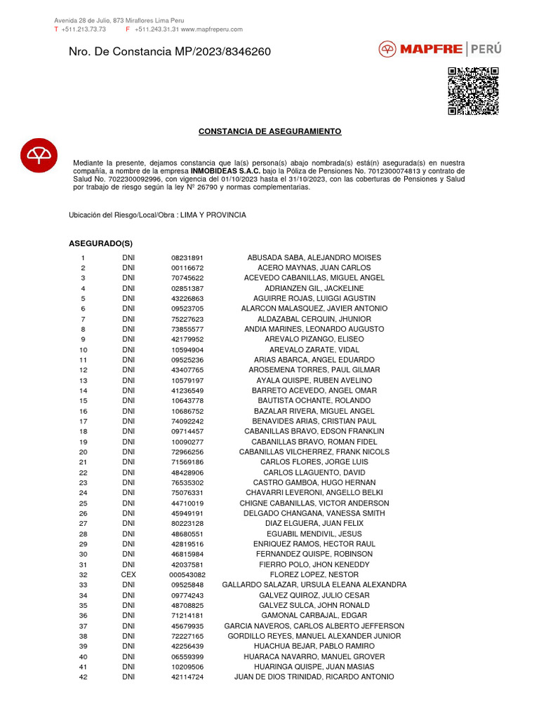 Constancia SCTR INMOBIDEAS MP20238346260 OCTUBRE | PDF