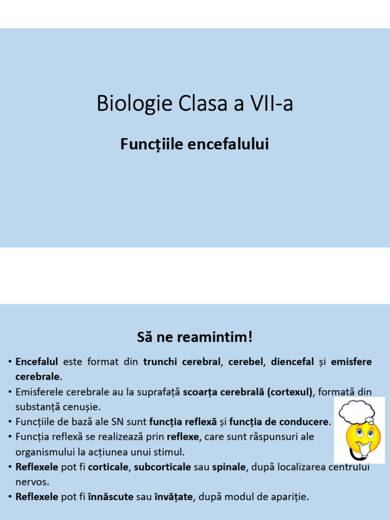Functiile Encefalului - Biologie Clasa A VII-a | PDF