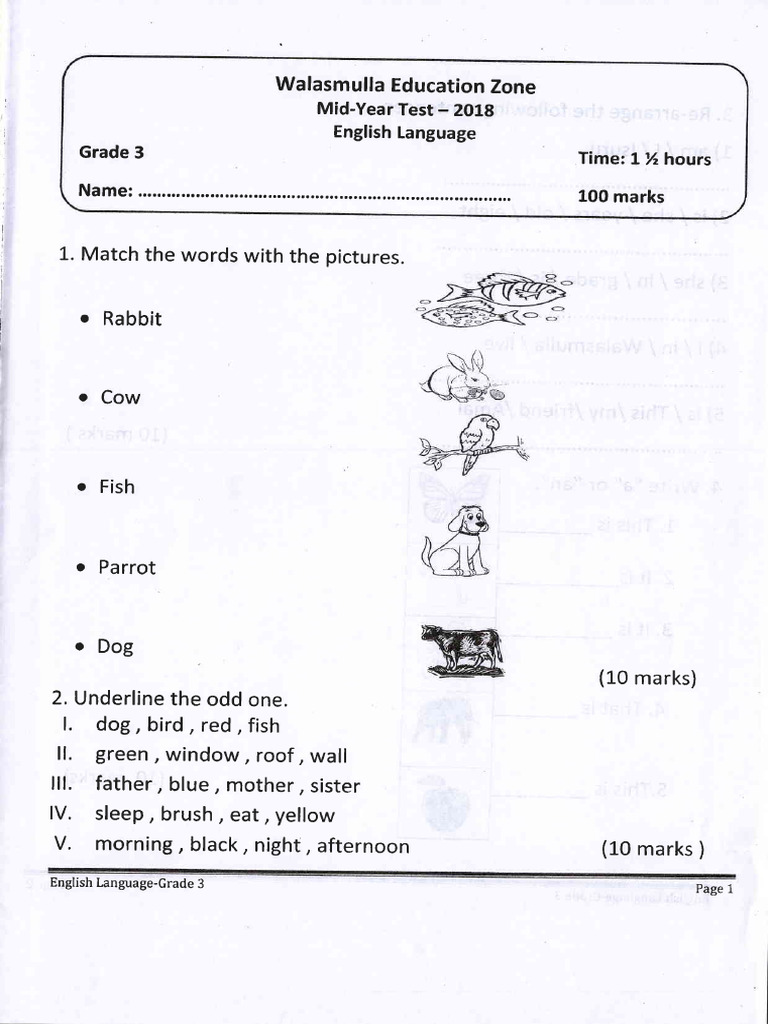 Grade 03 English 2nd Term Test Paper 2018 English Medium - Walasmulla ...