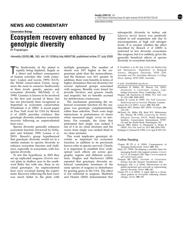 Ecosystem Recovery by Genotypic Diversity | PDF | Biodiversity | Ecosystem