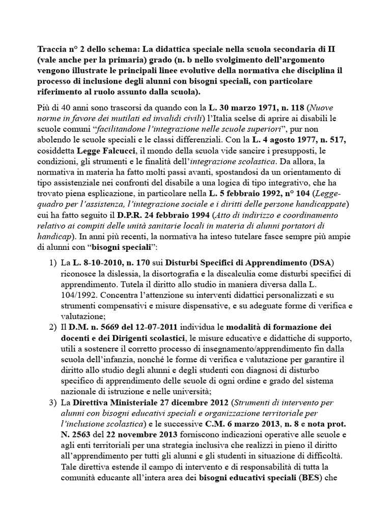 Traccia 2 Dello Schema Argomenti La Didattica Speciale Nella Scuola Secondaria Di II Grado | PDF