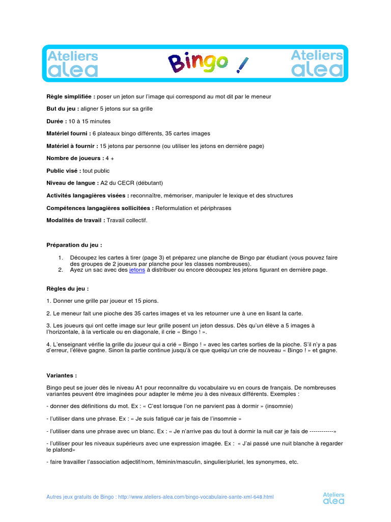 Bingo éducatif en français A2 | PDF