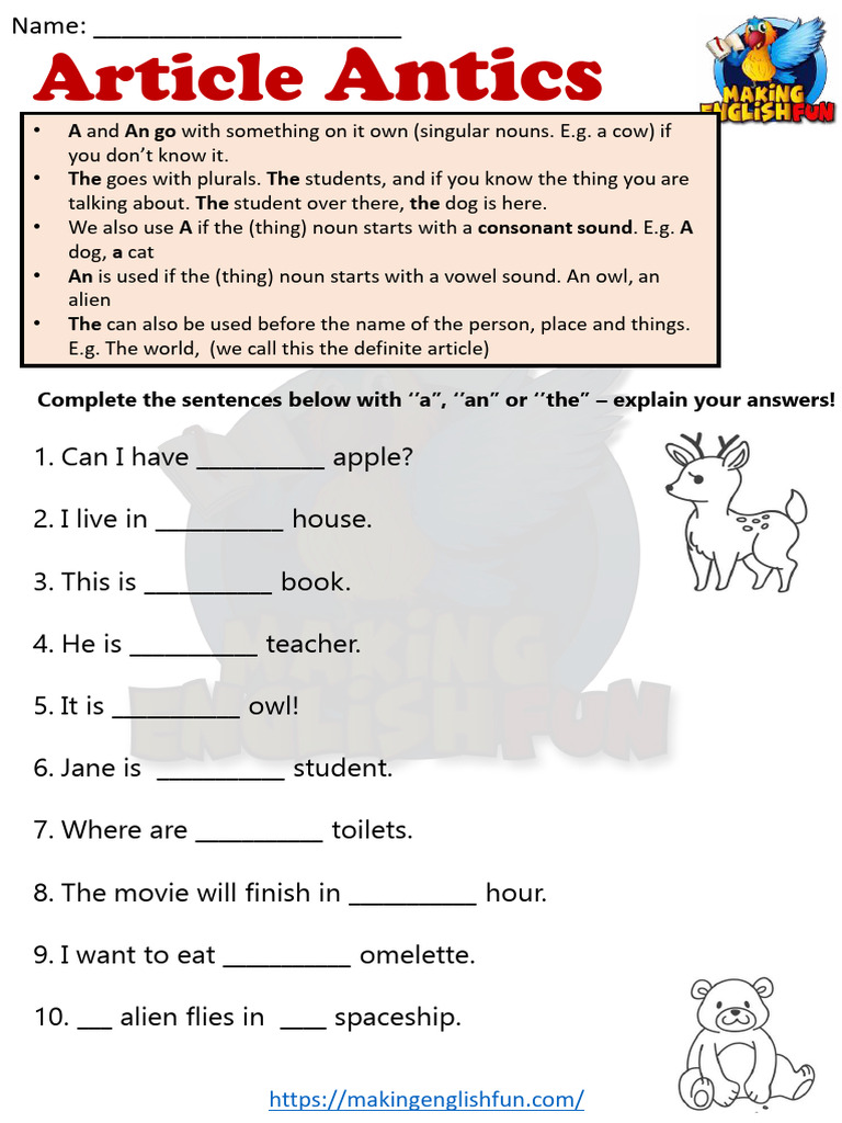 Article Worksheets | PDF | Grammatical Number | Linguistics