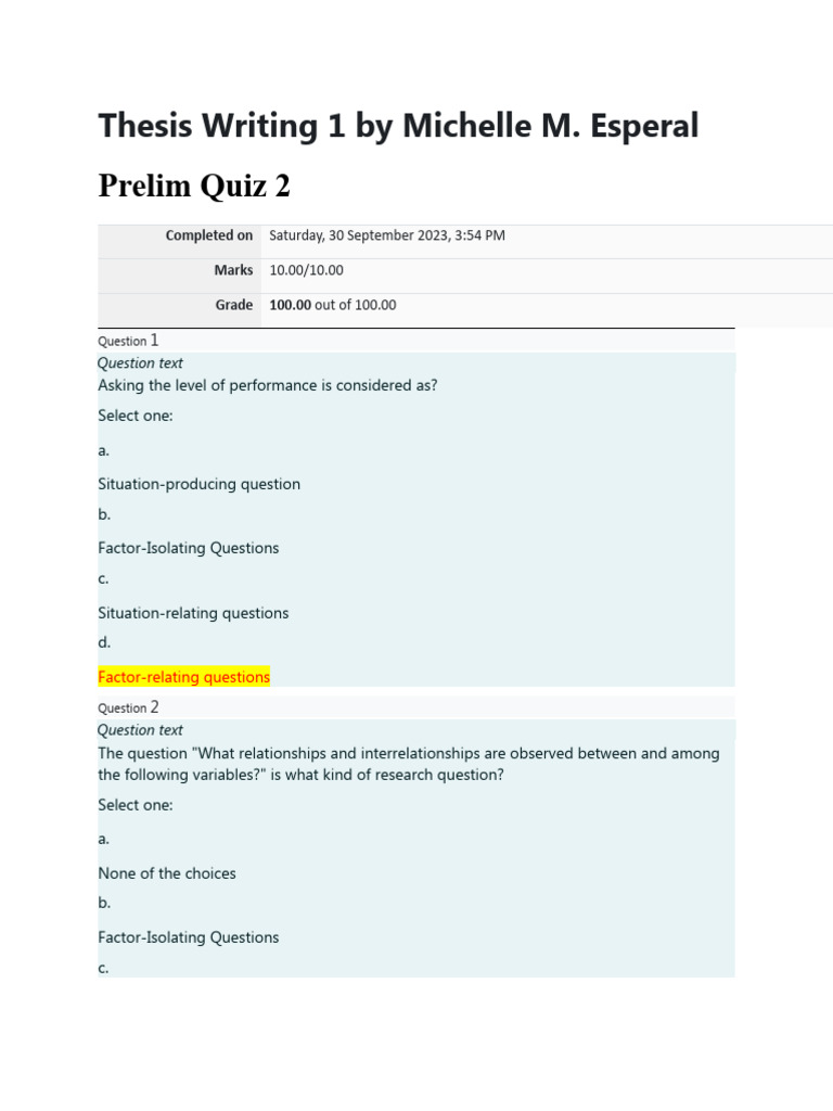 Thesis Writing Quiz Answers | PDF