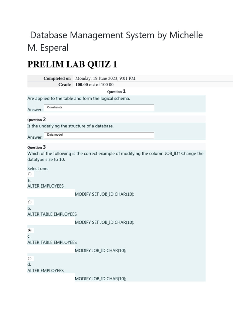 Database Management System Lab Prelim Q1 | PDF | Table (Database) | Software Design