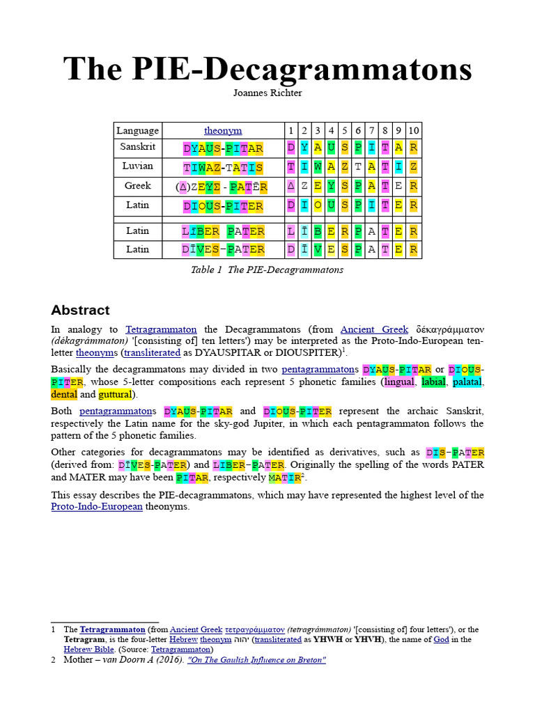 The PIE-Decagrammatons | PDF | Tetragrammaton | Mythology