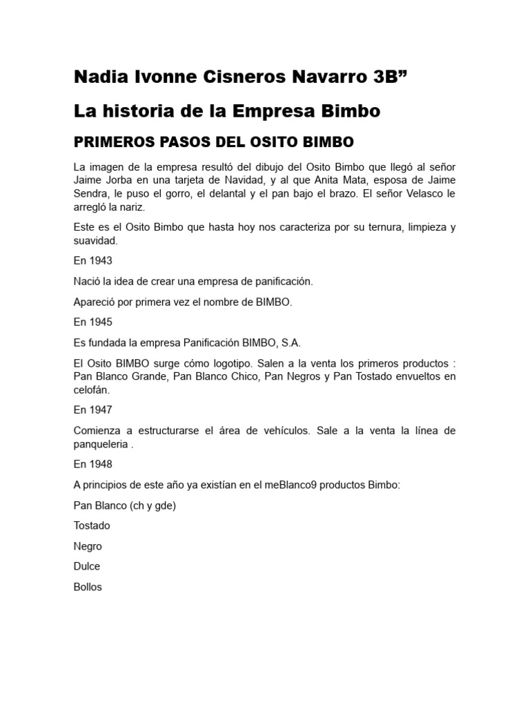 Reporte de la historia de bimbo | PDF