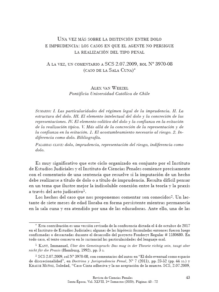 Van Weezel - Distinción entre dolo e Imprudencia, Alex Van Weezel | PDF
