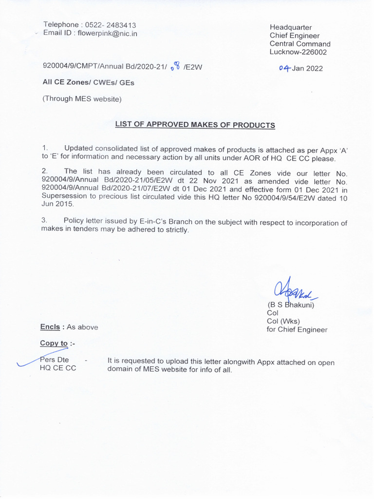 List of Approved Makes of Products by HQ CE CC (2020-21) | PDF | Air ...