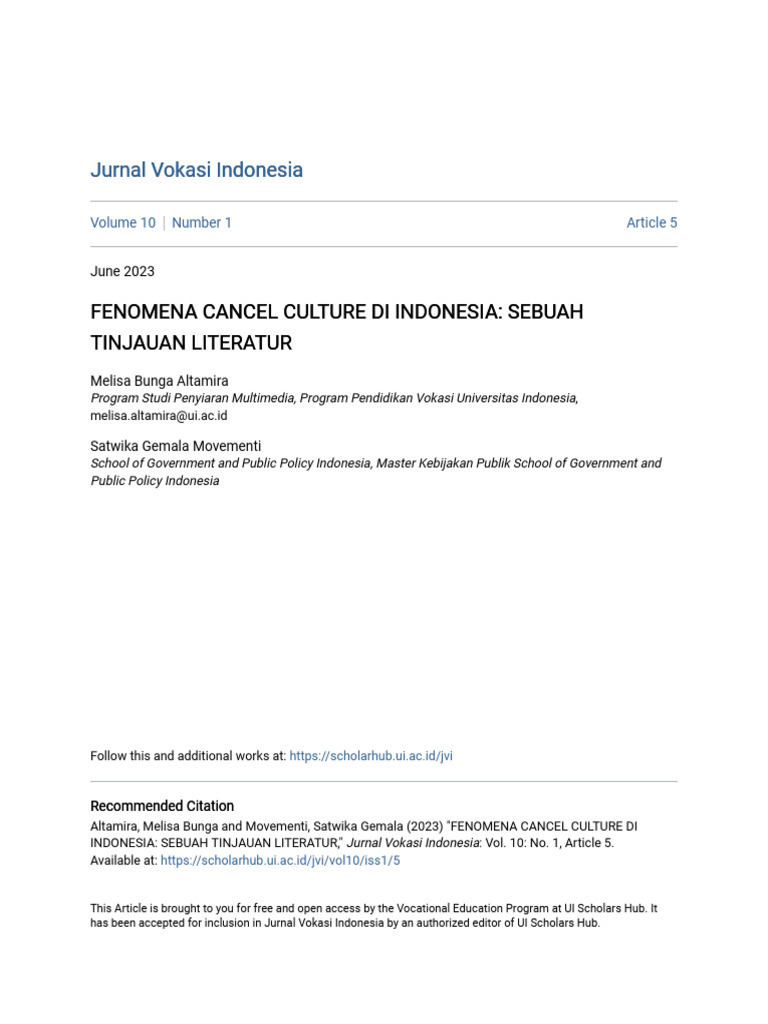 Fenomena Cancel Culture Di Indonesia - Sebuah Tinjauan Literatur | PDF