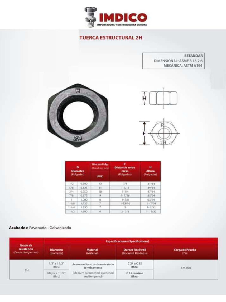 Ficha Tecnica Tuerca 2H | PDF