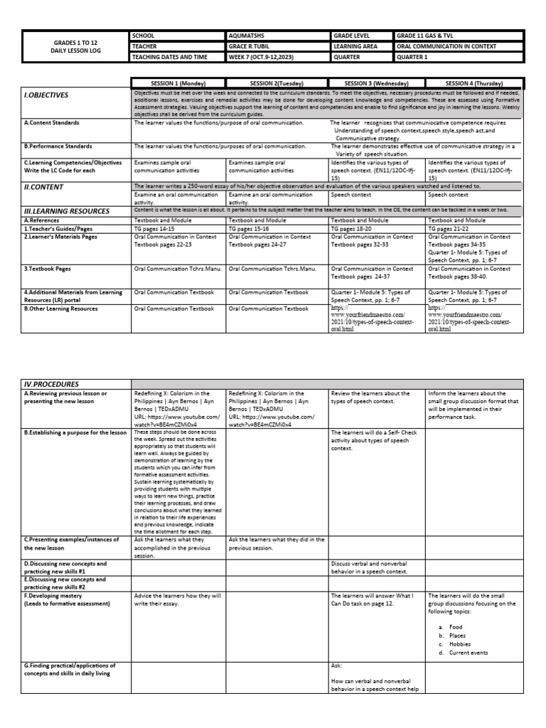 New DLL WEEK 7 Oral Com | PDF | Learning | Educational Assessment