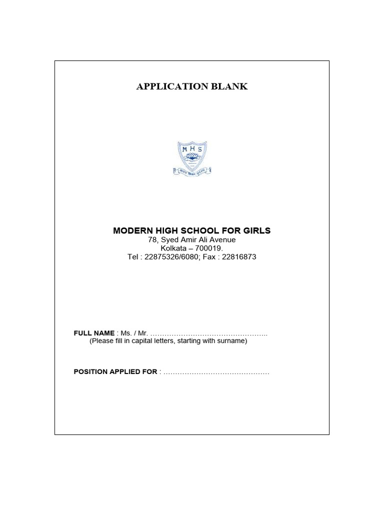 Application Blank: Modern High School For Girls | PDF | Career & Growth ...