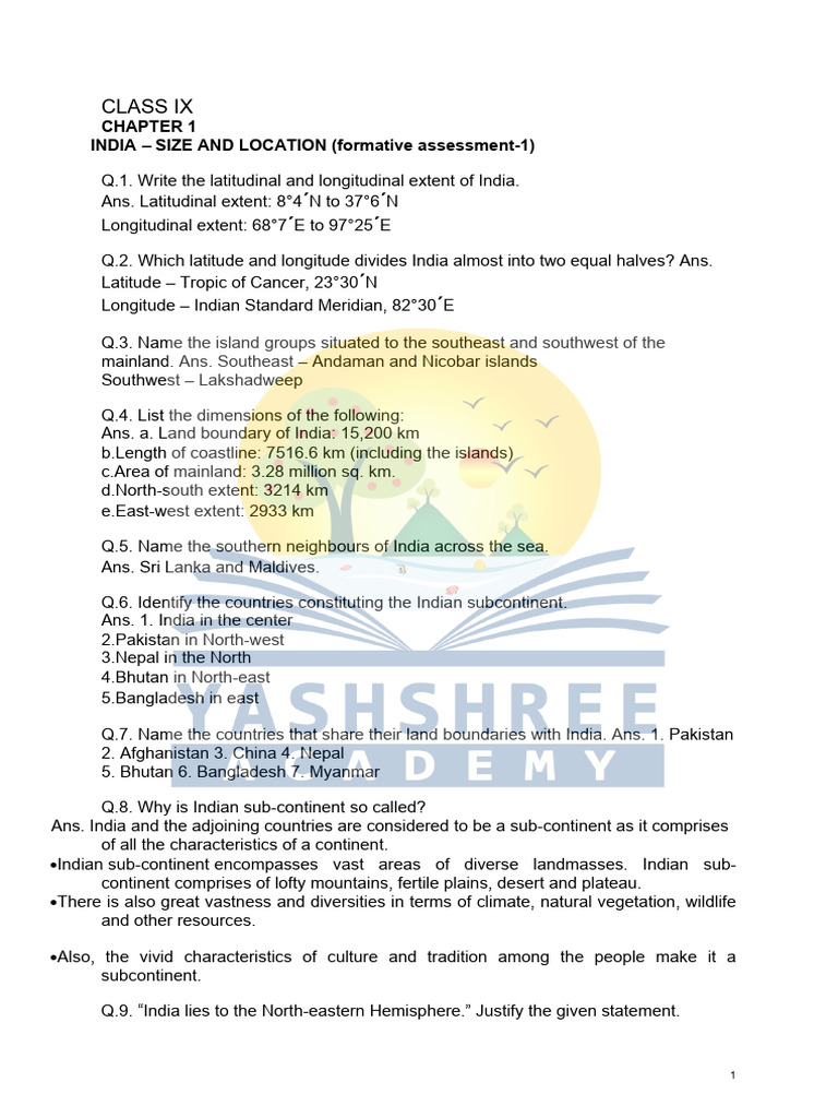 Grade 9 - SST - Geography - Ch1. India Size and Location | PDF | Indian ...